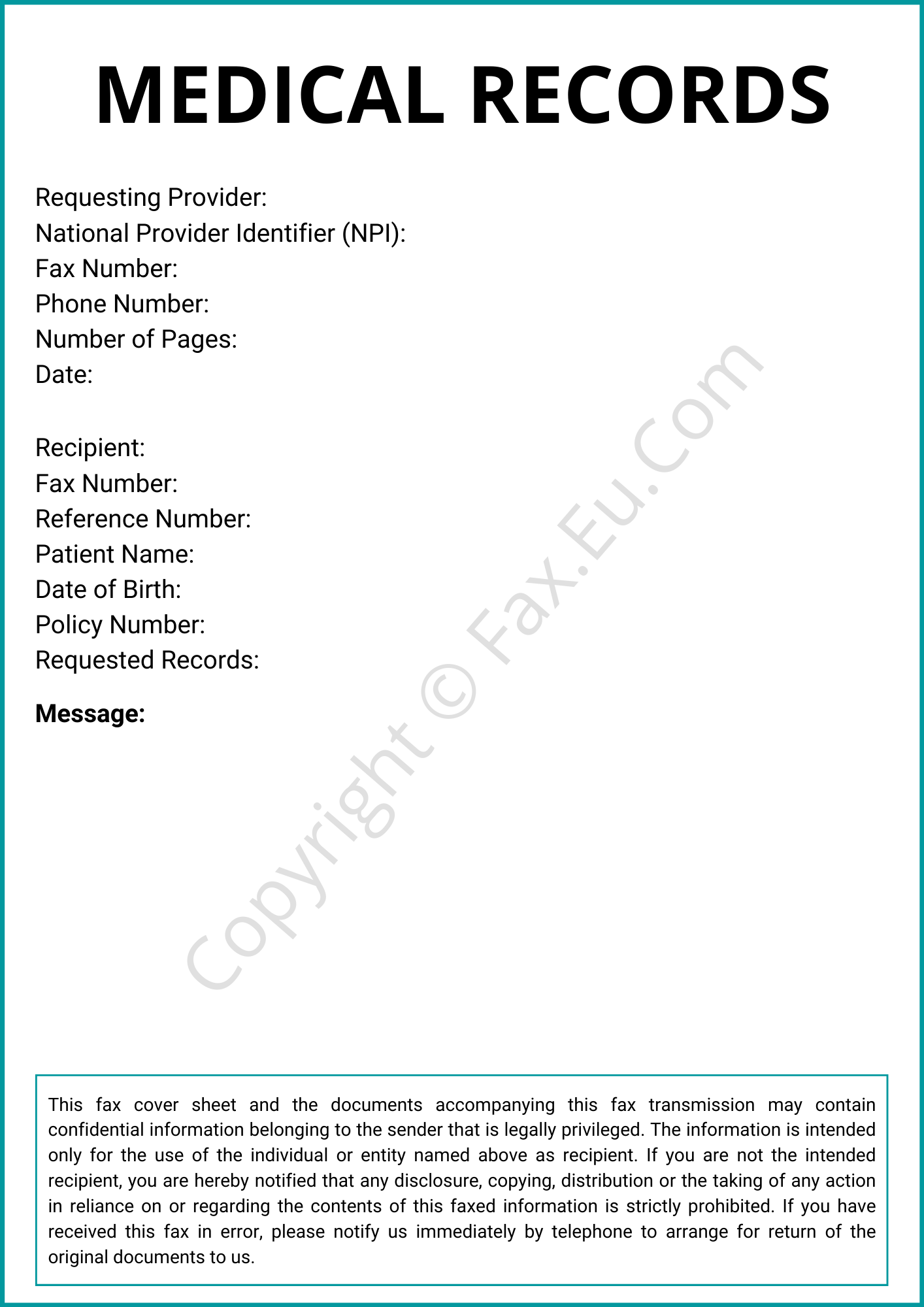 Medical Records Fax Cover Sheet – Printable and Editable - Free Fax ...