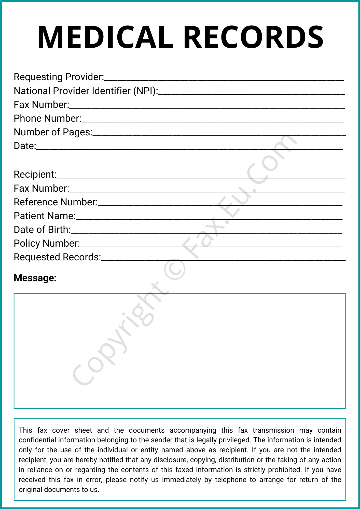 Medical Records Fax Cover Sheet – Printable and Editable - Free Fax ...